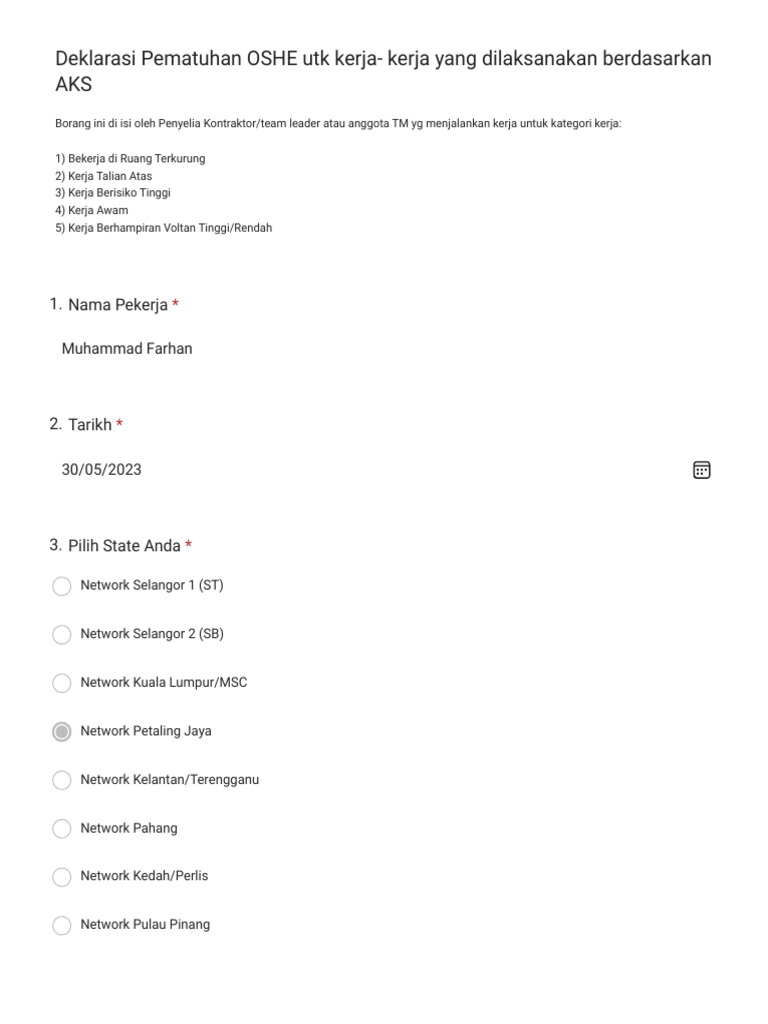 Deklarasi Pematuhan OSHE Utk Kerja - Kerja Yang Dilaksanakan Berdasarkan AKS | PDF ...
