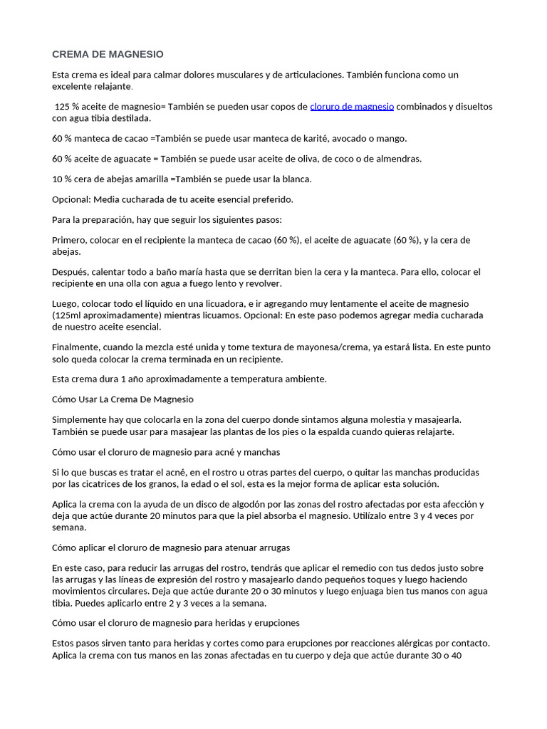 Crema de Magnesio: Beneficios y Uso | PDF | Magnesio | Dolor