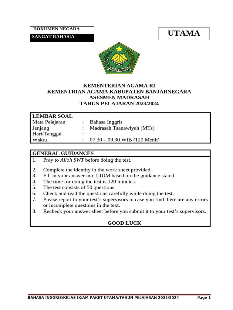 1.english Soal Utama Am 20232024 | PDF | Mammals