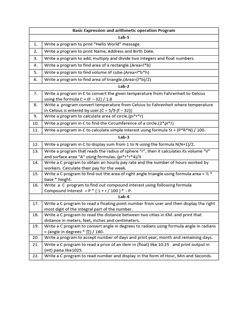 Basic Expression and Arithmetic Operation Program Lab-1 | PDF | Area | String (Computer Science)