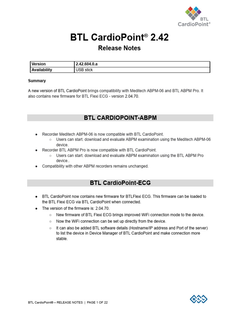 BTL CardioPoint Version 2.42 Release Notes EN100 | PDF | Standard ...