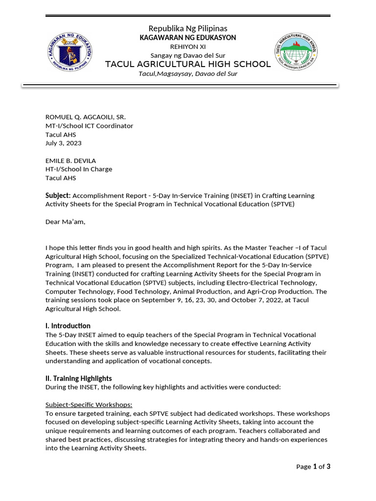 Year End Accomplishment Report - 5 DAY INSET - SY 2022 2023 | PDF ...