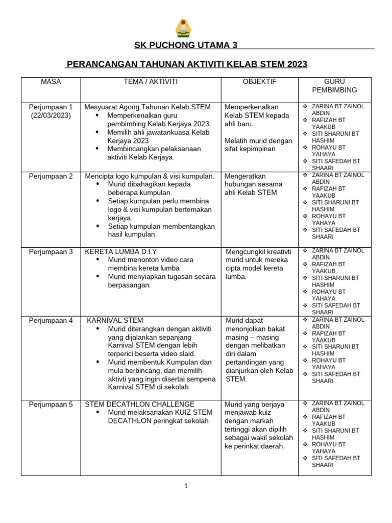 TAKWIM KELAB STEM 2023 | PDF