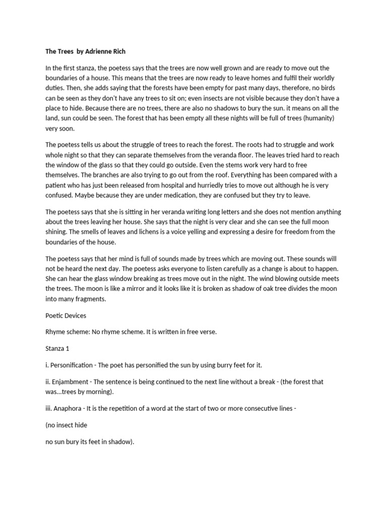 Analysis of "The Trees" by Adrienne Rich | PDF | Trees | Rhyme