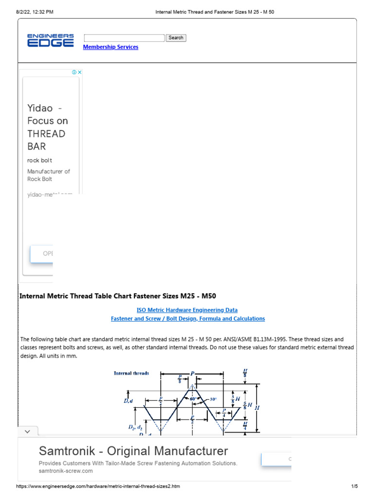 Internal Metric Thread and Fastener Sizes M 25 - M 50 | PDF | Screw ...