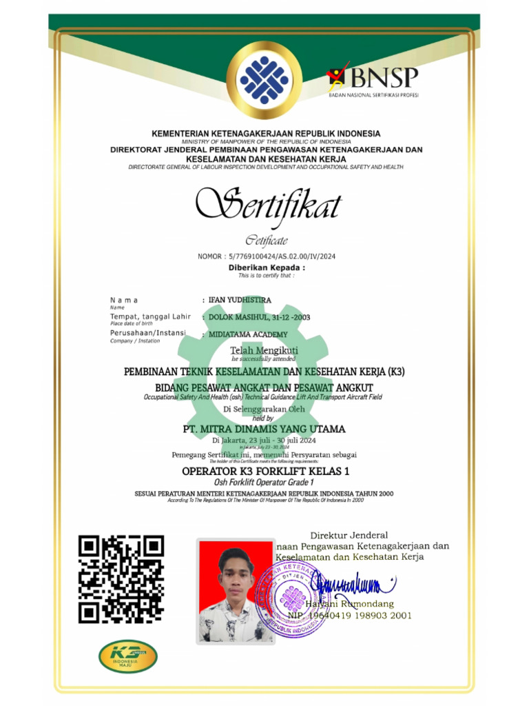 K3 Sio Operator Forklift Ifan Yudhistira | PDF