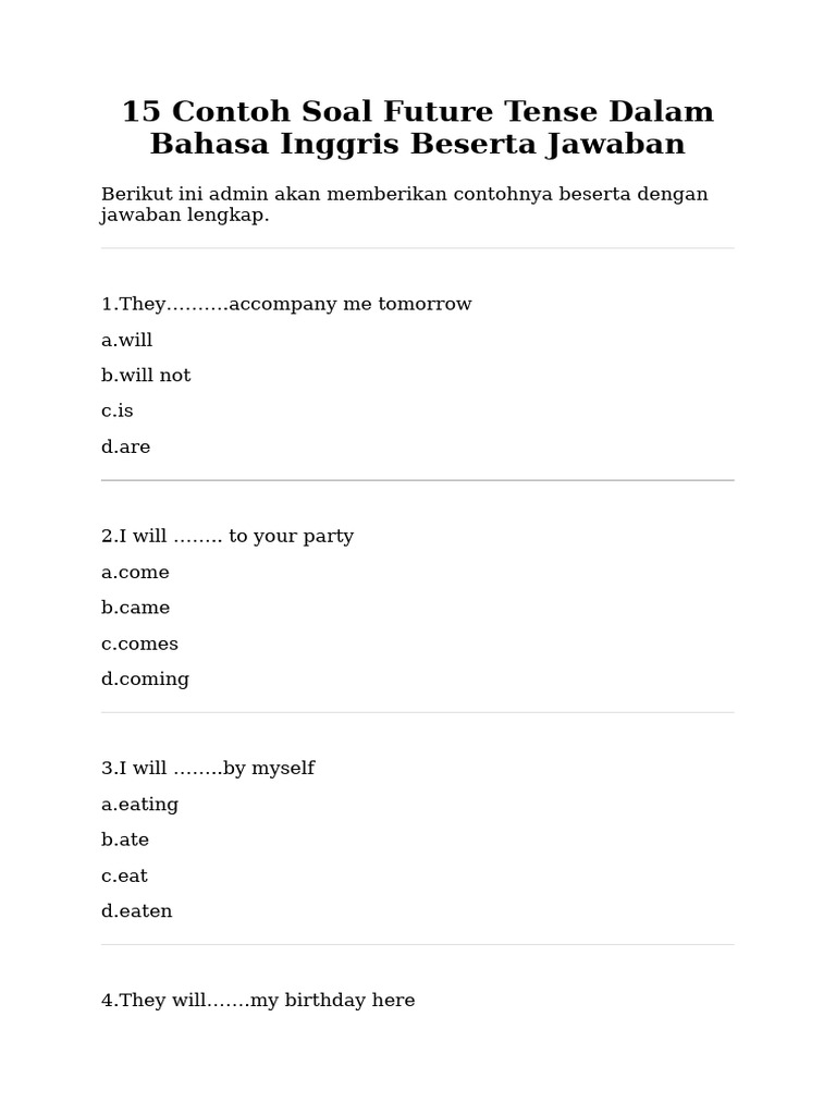 15 Contoh Soal Future Tense Dalam Bahasa Inggris Beserta Jawaban | PDF ...