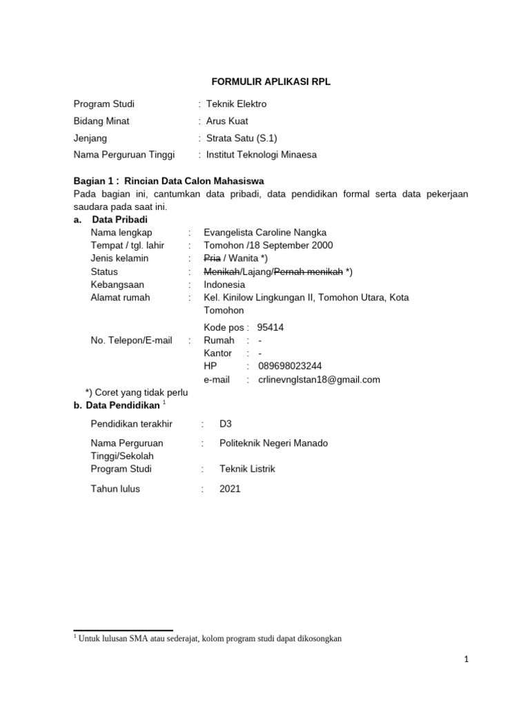 Form Isian RPL Perolehan SKS - Teknik Elektro Evangelista | PDF