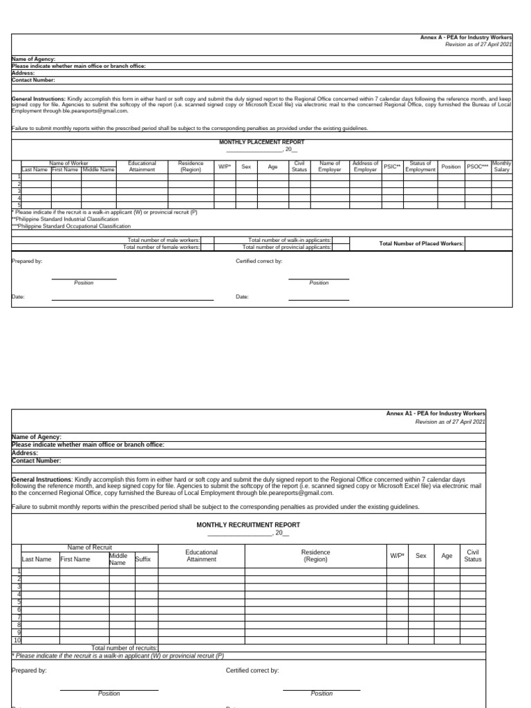 2021 PEA Monthly Recruitment and Placement Reporting Form | PDF | Employment