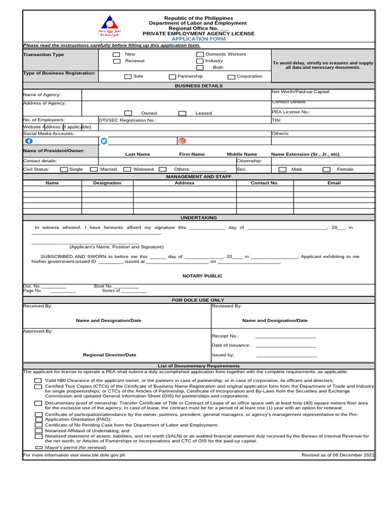 PEA License Application Form Guide | PDF | Employment | Corporations