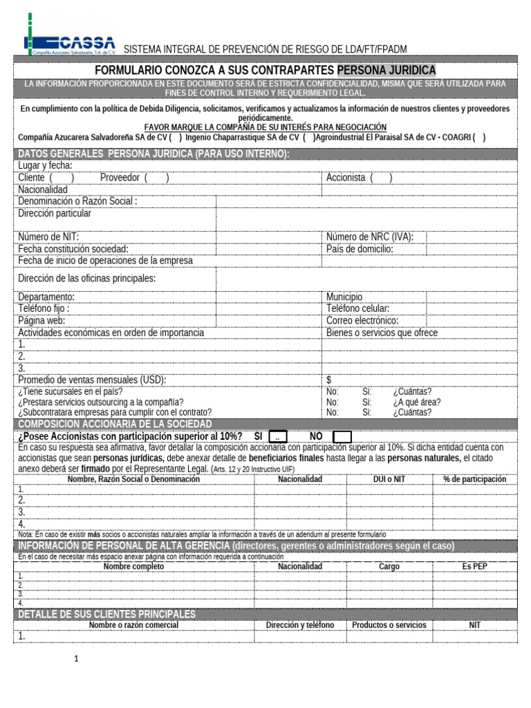 Formulario Conozca a sus Contrapartes | PDF | Outsourcing | Lavado de ...