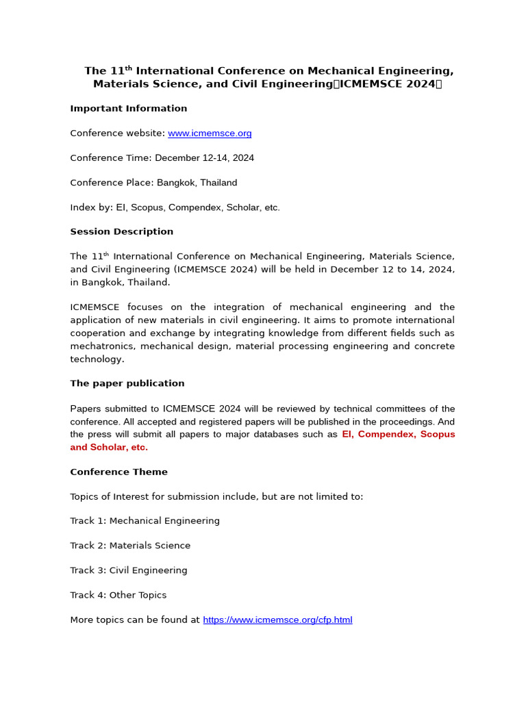 The 11th International Conference On Mechanical Engineering, Materials Science, and Civil ...