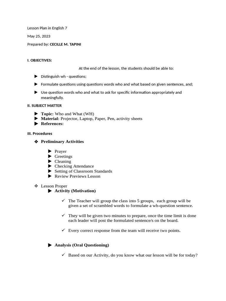 Final-Lesson-Plan-in-English-7 | PDF | Question | Verb