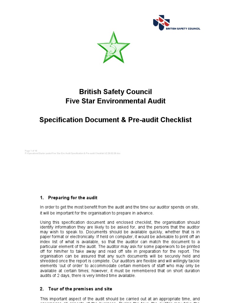 Five Star Env Audit Specification & Pre-Audit Checklist | PDF ...