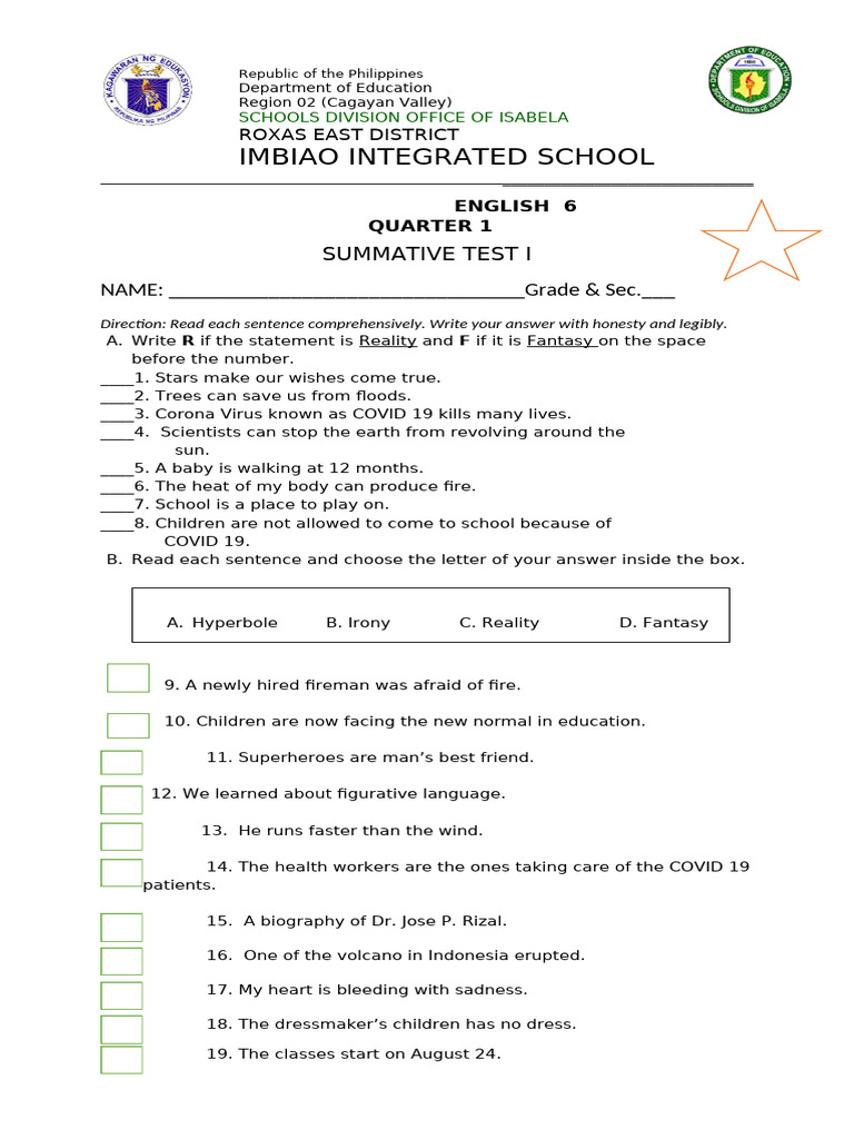 English-6-Summative-Test 1-4-2021 | PDF | Language Arts & Discipline