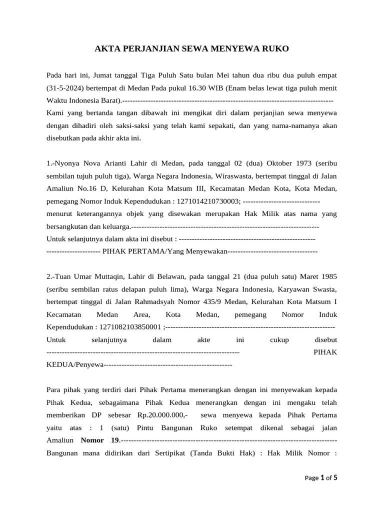 AKTA PERJANJIAN SEWA MENYEWA RUKO KK NOVA Revisi | PDF | Pengelolaan ...