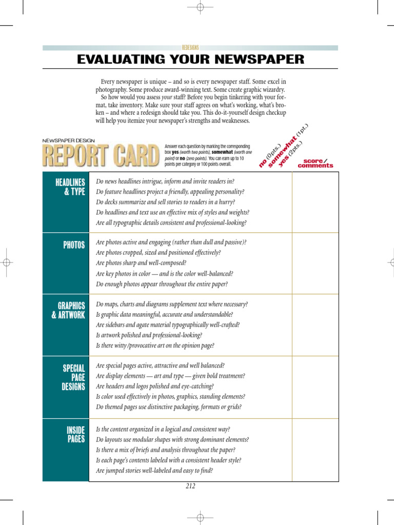 Newspaper Design Evaluation Checklist | PDF | Graphics