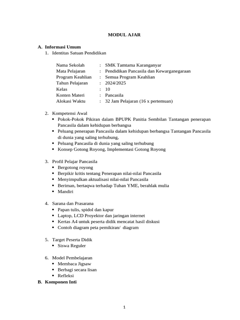 Modul Ajar-PPKn-Kelas 10-Agung Basuki 2024 | PDF