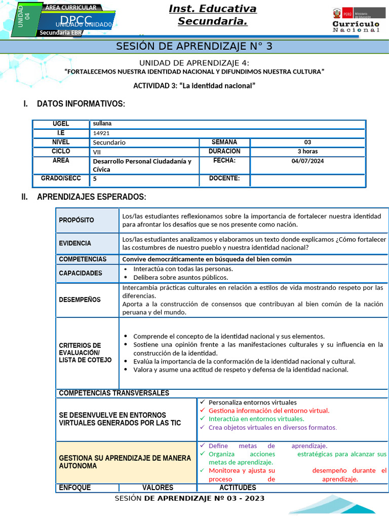 4º DPCC- SES 3 UNI 4 - SEM 03 | PDF | Aprendizaje | Evaluación