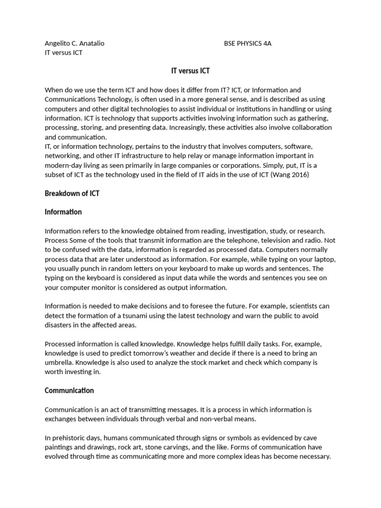IT Versus ICT Handouts | PDF | Information Technology | Information
