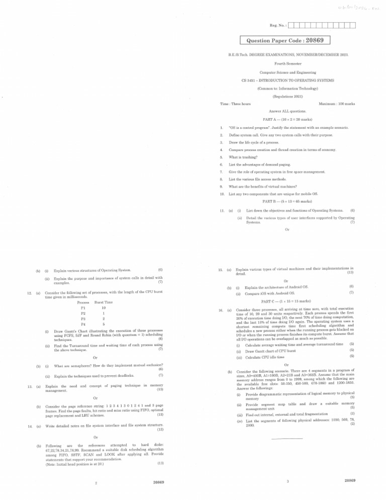 CS3451 - Introduction To Operating Systems - R2021 - 2023 Nov | PDF