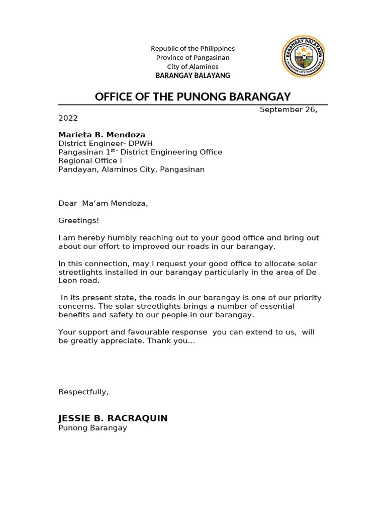 Request for Solar Streetlights in Balayang | PDF