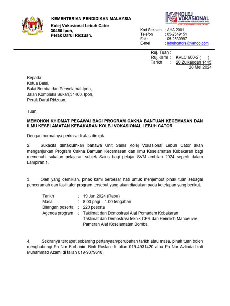 Surat Mohon Khidmat Pegawai Bomba | PDF