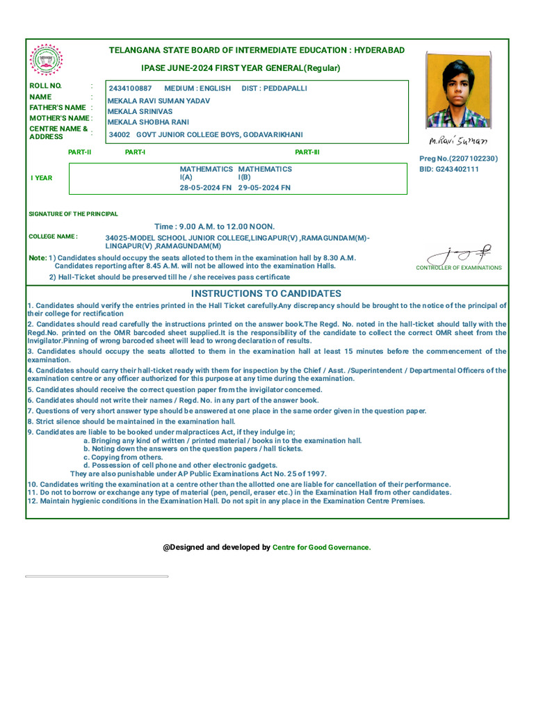 Telangana Hall Ticket Instructions 2024 | PDF