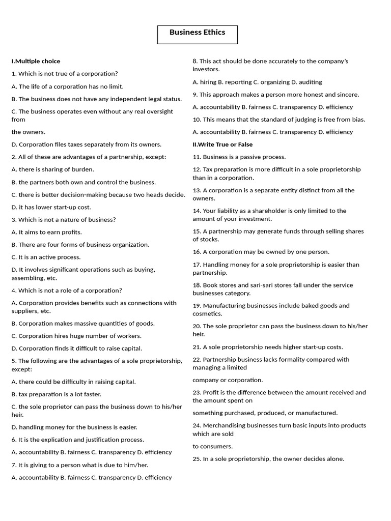 Final Exam in Business Ethics | PDF | Corporations | Sole Proprietorship