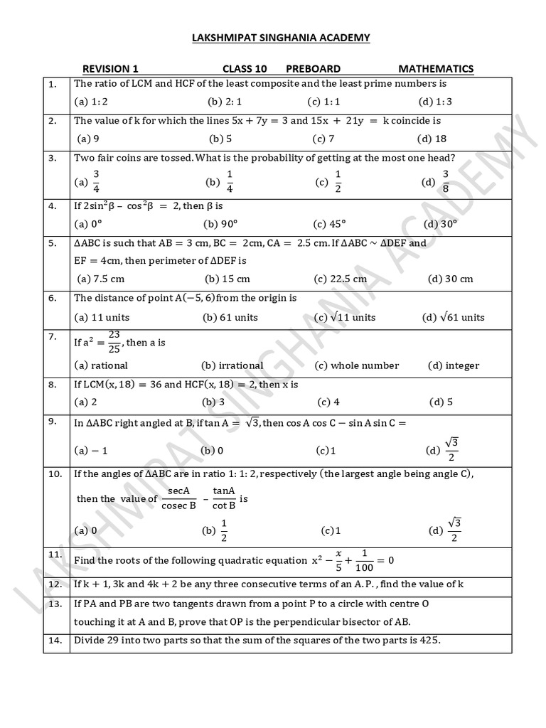 Revision 1 10 Preboard Mathematics 2022-23 | PDF | Quadratic Equation | Sphere