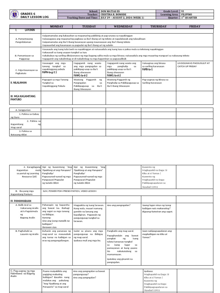 Dll Filipino 6 q1 w1 | PDF