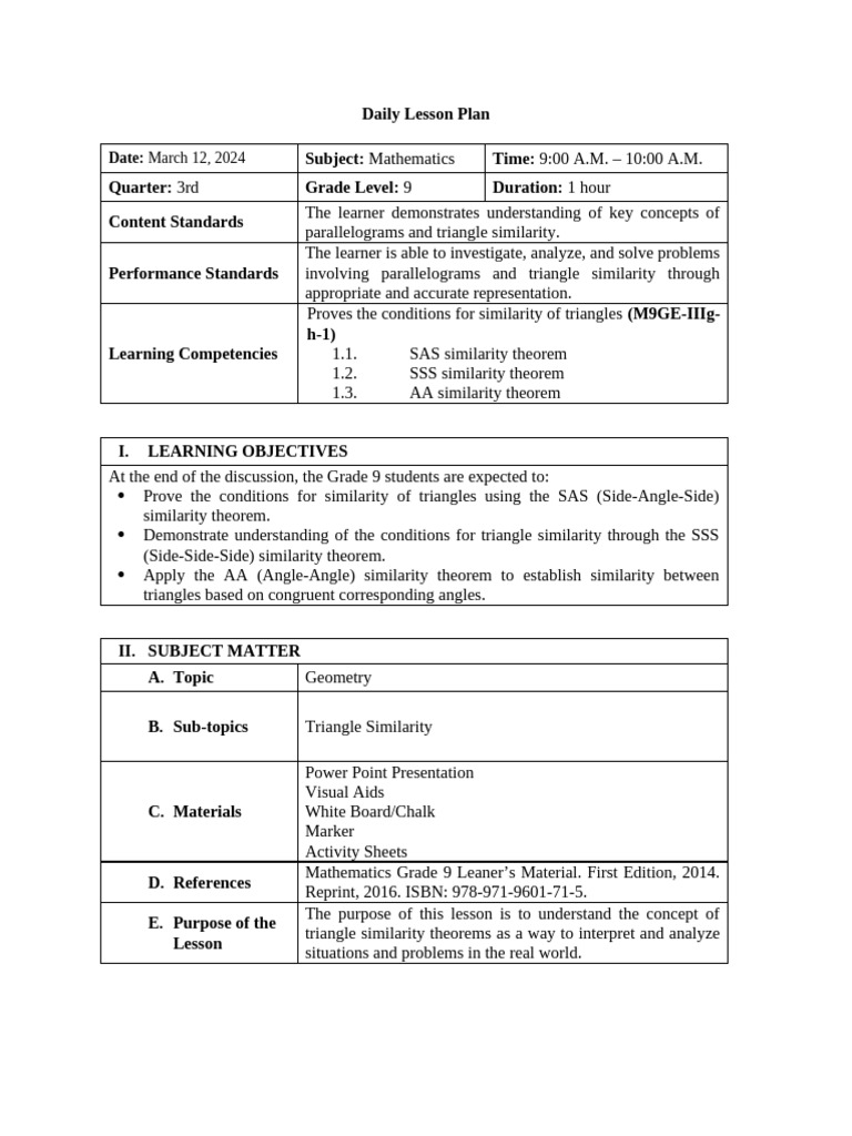 Week 7 - 3rd Quarter - Daily Lesson Plan - Proves The Conditions For ...