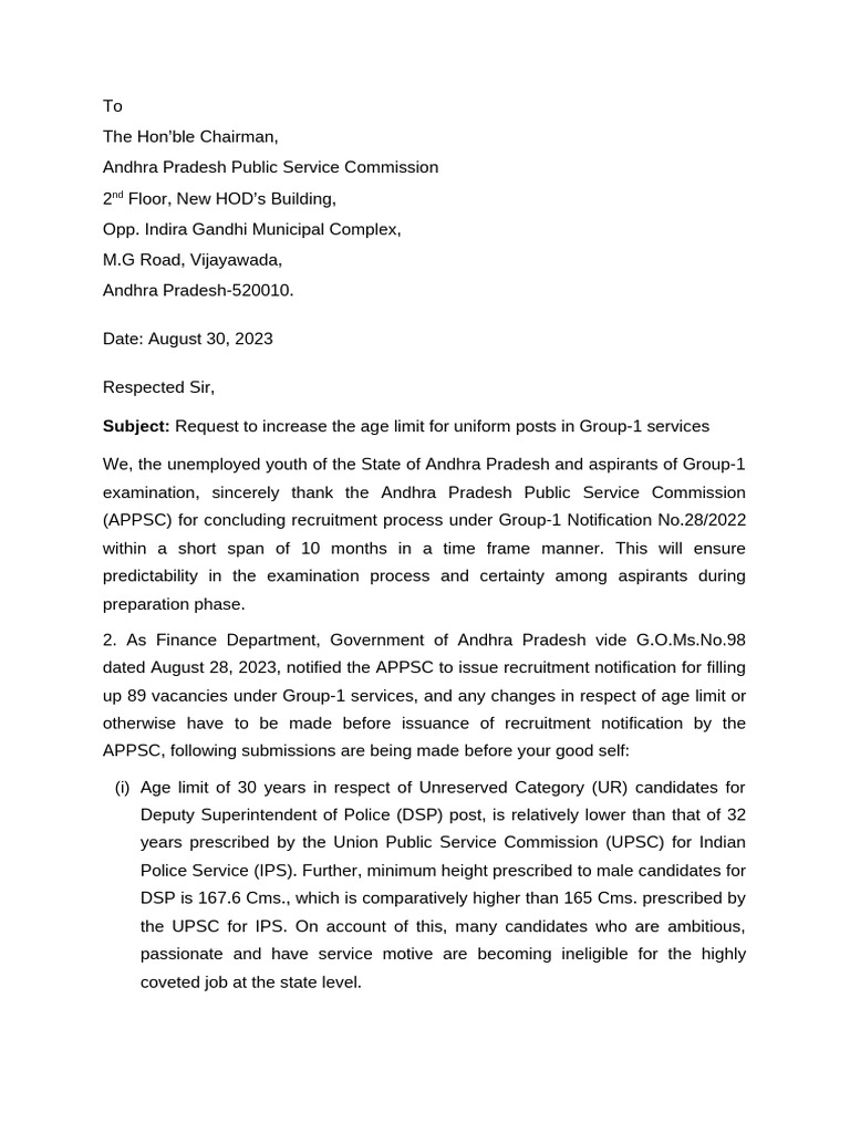 Letter To Hon'ble APPSC Chairman Request To Increase Age Limit For ...