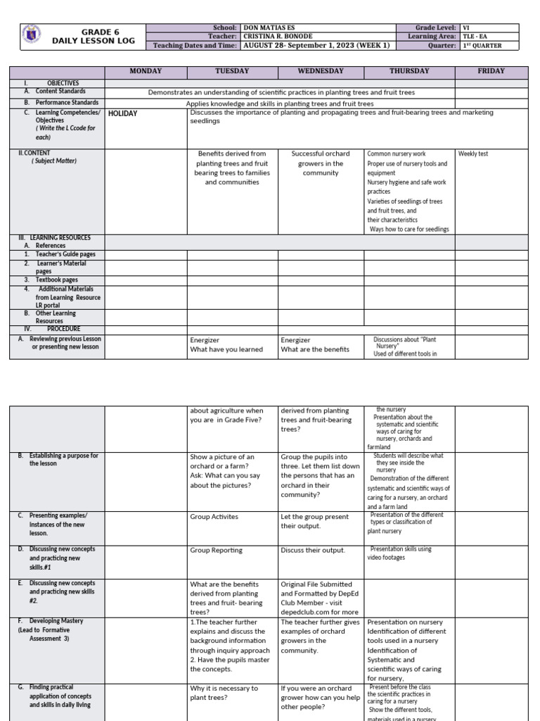 DLL - Tle 6 - Q1 - W1 Agri | PDF | Plant Nursery | Learning