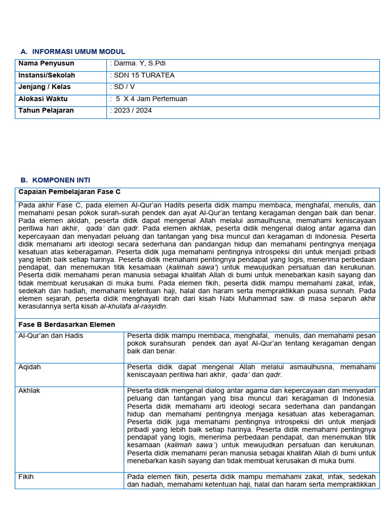Modul Ajar Pai Dan BP Kelas 5 | PDF | Kajian Bahasa Asing