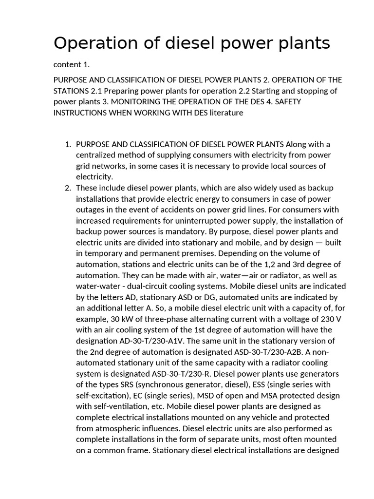 Operation of Diesel Power Plants | PDF | Power Station | Electrical Grid