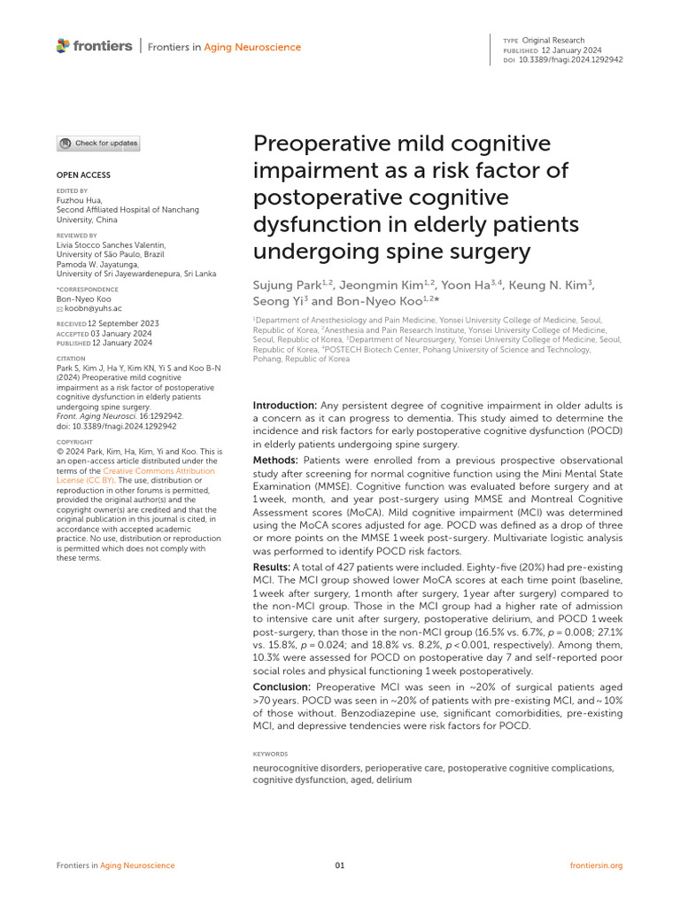 Preoperative Mild Cognitive Impairment As A Risk Factor of ...