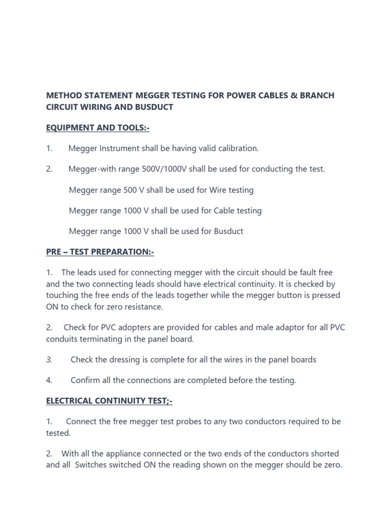 Megger Testing Method Statement | PDF | Electrical Wiring | Wire