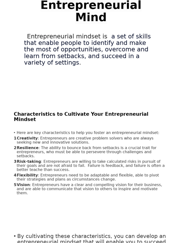 Cultivating an Entrepreneurial Mindset | PDF | Entrepreneurship ...