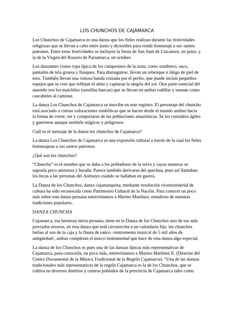 Danza de los Chunchos: Patrimonio Cajamarquino | PDF | Bailes | Perú
