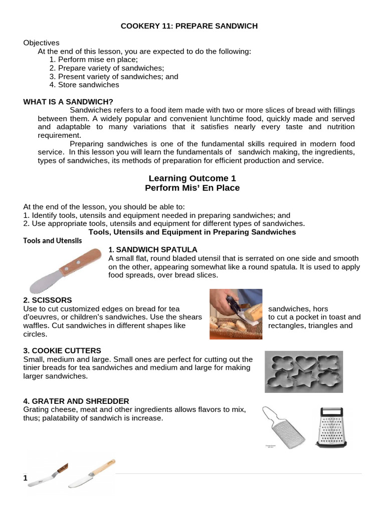 PREPARE SANDWICH Lesson | PDF | Sandwich | Knife