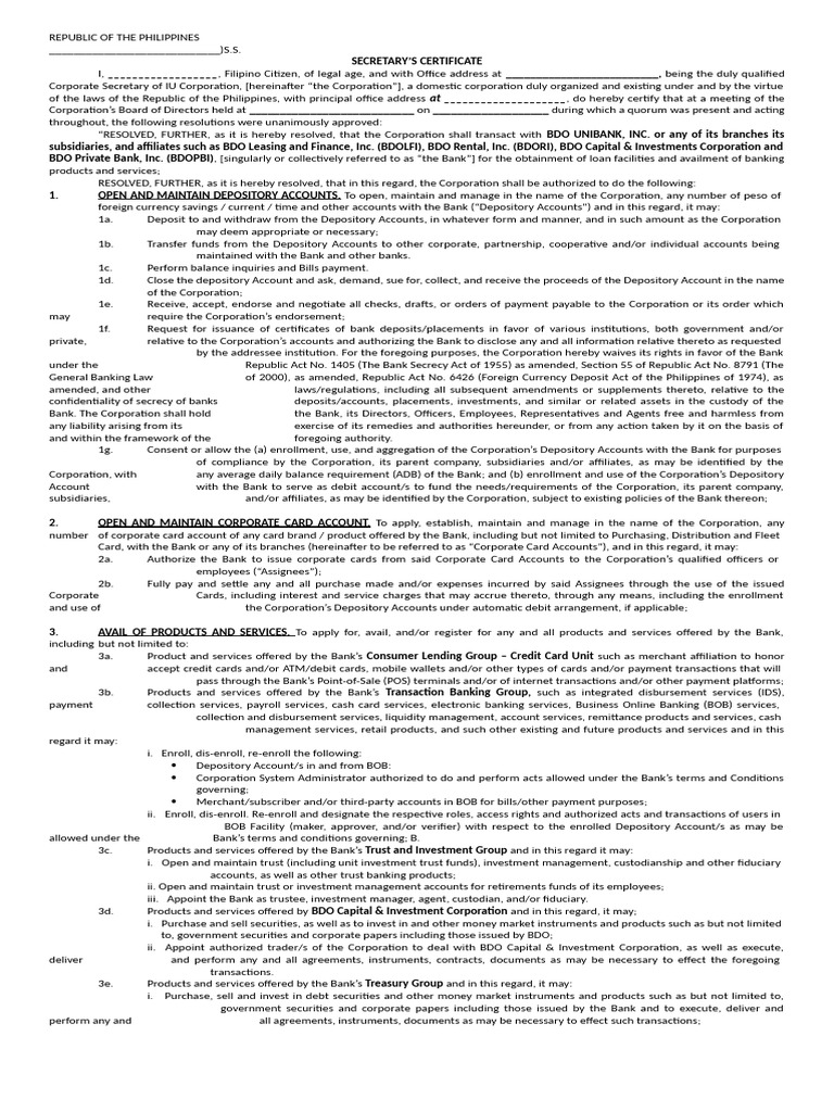 Secretary's Certificate For Bdo | PDF | Securities (Finance) | Banks