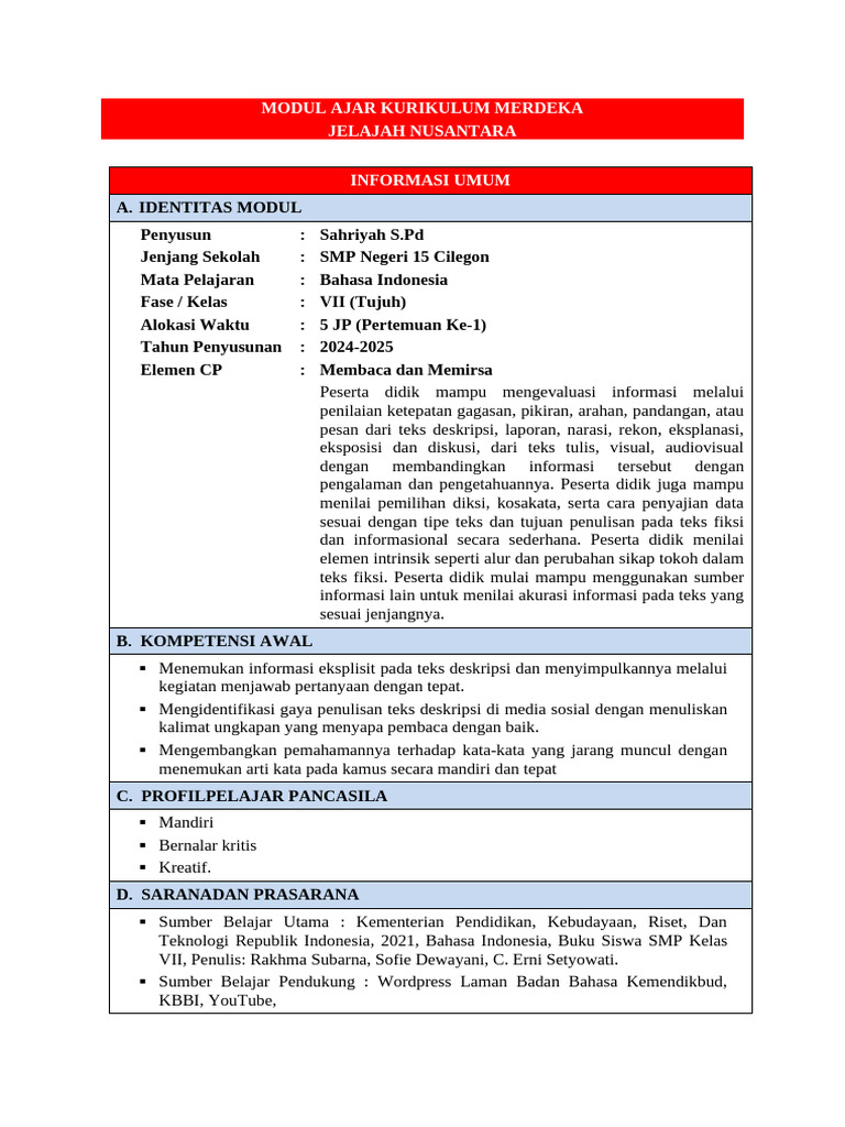 Modul Ajar Bahasa Indonesia Kls 7 Semester 1 2024-2025 | PDF | Karier & Perkembangan