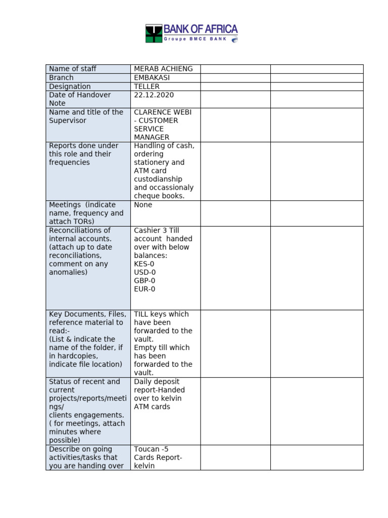 Branch Handover Template | PDF | Automated Teller Machine | Personal ...