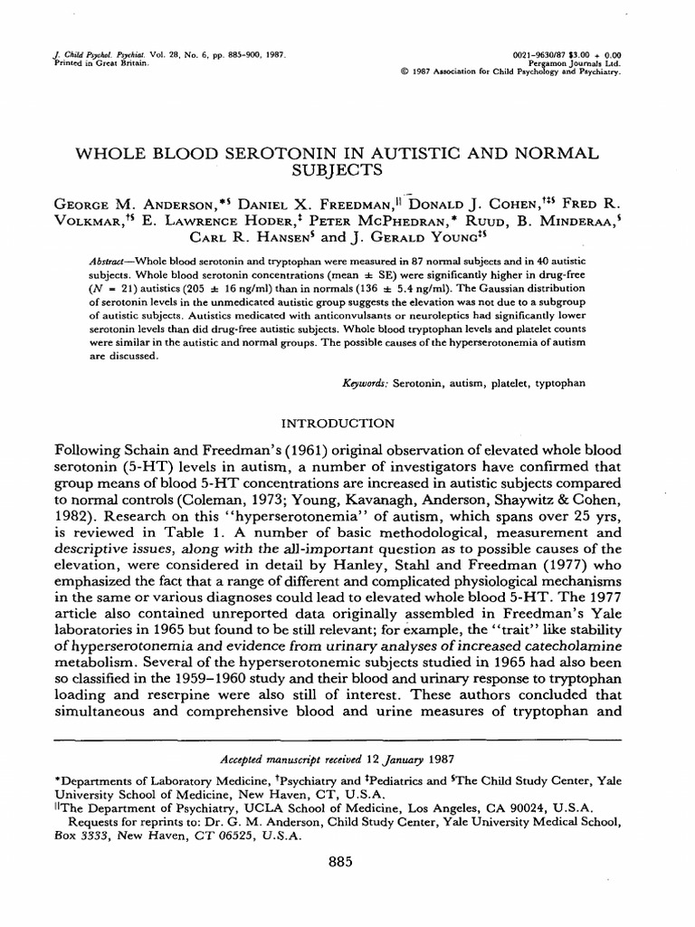 Whole Blood Serotonin in Autistic | PDF | Serotonin | High Performance ...