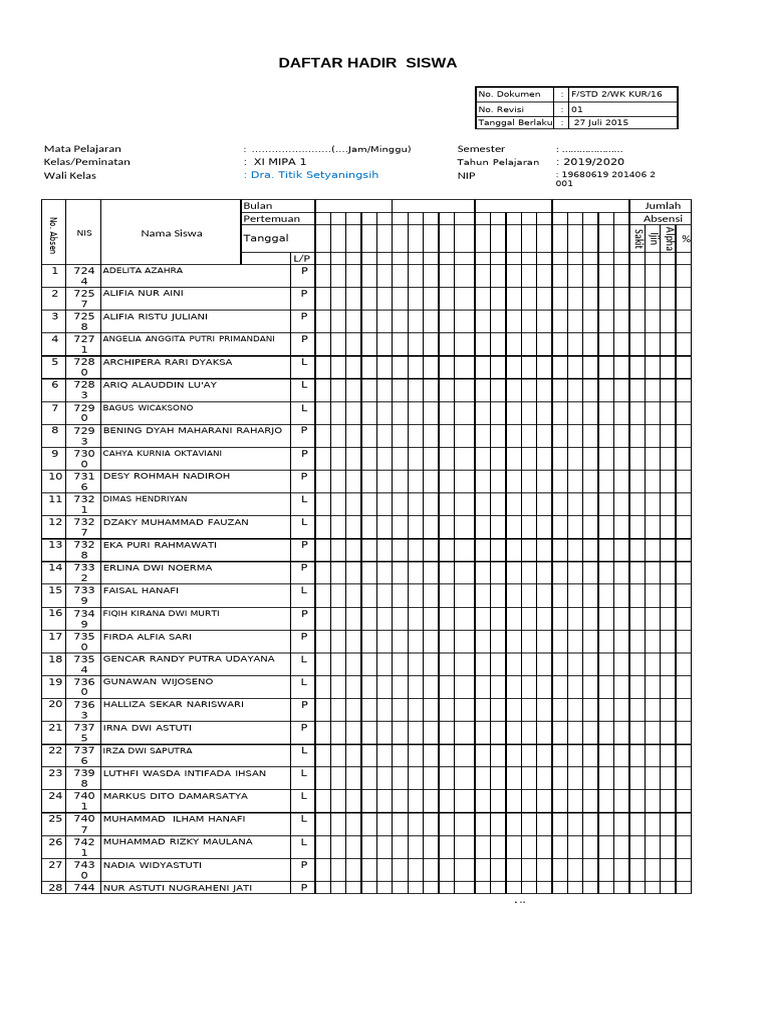 Contoh Absensi Kelas | PDF