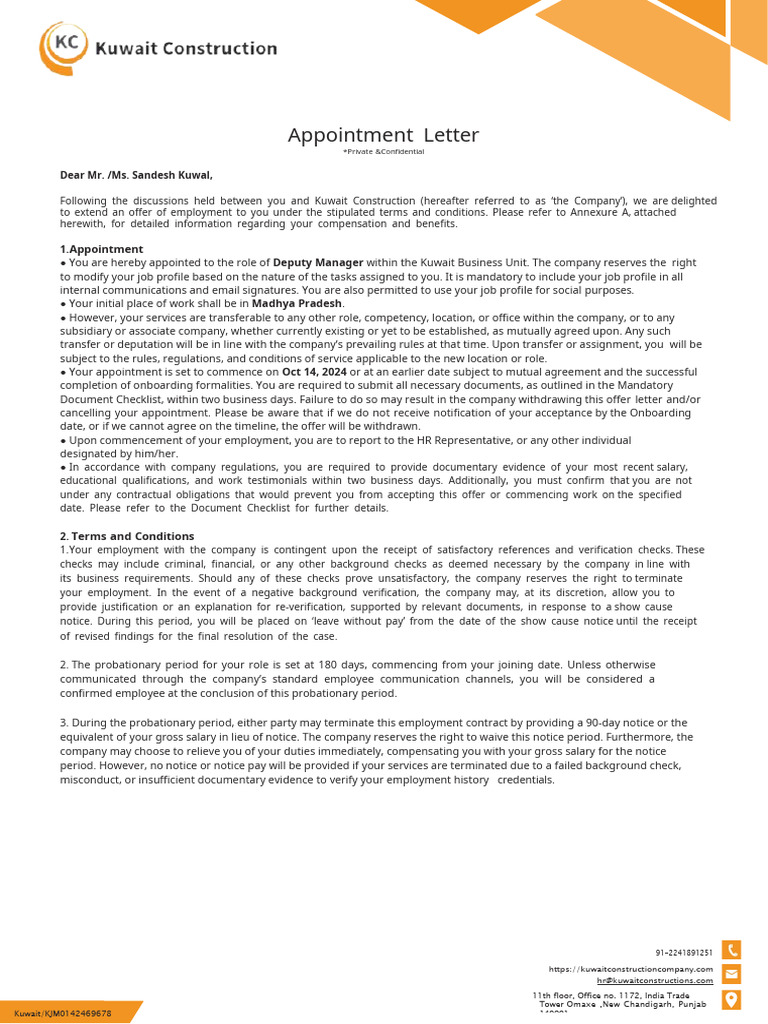 KCC Appointment letter - Sandesh Kuwal | PDF | Salary | Employment