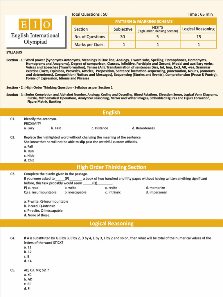 EIO Class 7 Sample Paper | PDF
