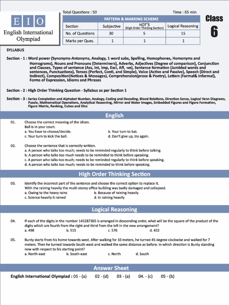 EIO Class 6 Sample Paper | PDF