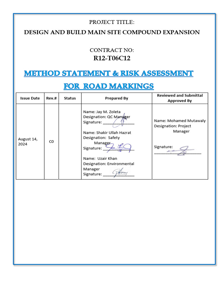 R12-T06C12 Method Statement & Risk Assessment For Road Markings | PDF | Personal Protective ...